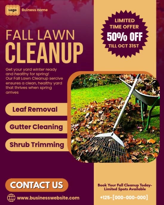 Fall Lawn Cleanup Flyer Template | Leaf Removal, Gutter Cleaning & Yard Care | PosterMyWall